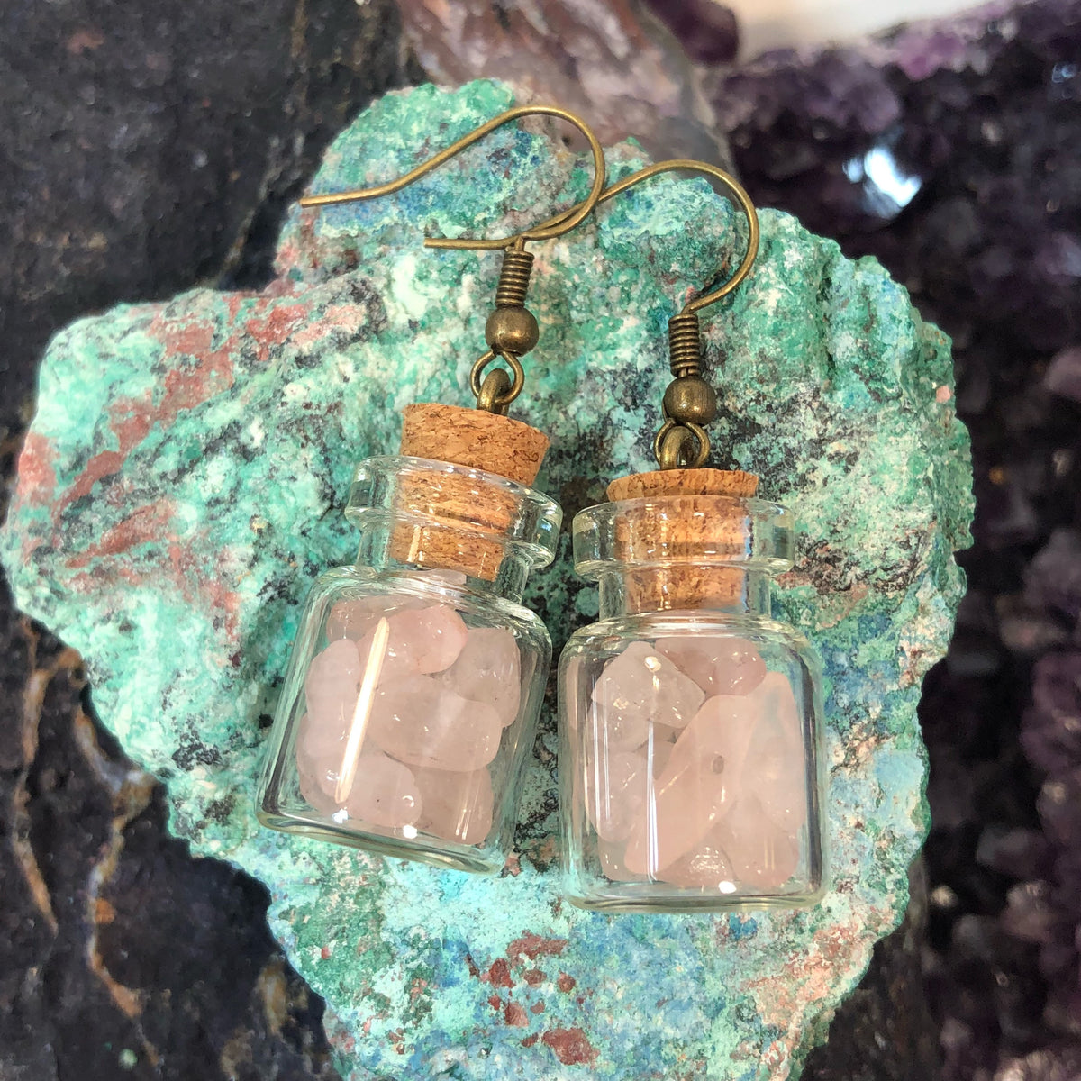 Rose Quartz Apothecary Vial Earrings - AlphaVariable